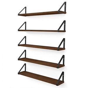 wallniture ponza floating shelves for wall, 24″ floating bookshelf, wood wall shelves for bedroom decor, walnut set of 5