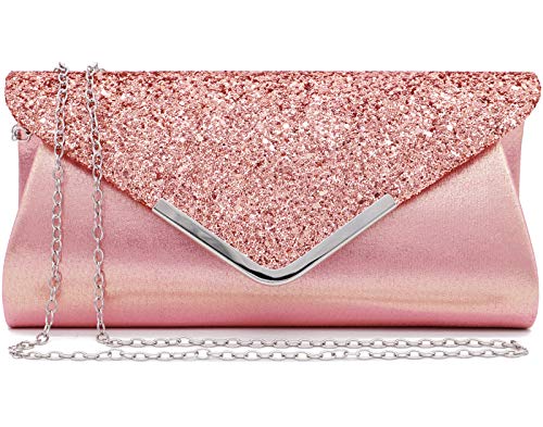 ZIUMUDY Sparkly Glitter Evening Envelop Clutches Shoulder Chain Bags Bridal Wedding Clutch Purse Wallet (Pink)