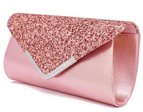 ZIUMUDY Sparkly Glitter Evening Envelop Clutches Shoulder Chain Bags Bridal Wedding Clutch Purse Wallet (Pink)