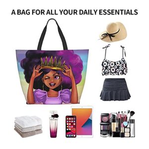 fekupizz Afro Black Girl With Purple Hair Canvas Tote Bag, Women Large Shoulder Bag, Shopping Bag