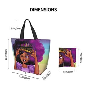 fekupizz Afro Black Girl With Purple Hair Canvas Tote Bag, Women Large Shoulder Bag, Shopping Bag