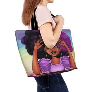 fekupizz Afro Black Girl With Purple Hair Canvas Tote Bag, Women Large Shoulder Bag, Shopping Bag