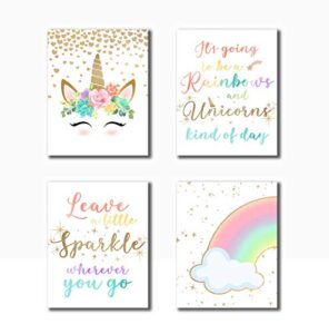 rainbow unicorn theme art prints (8”x10” canvas picture)one group of 4 art paintings girls room decor unicorn wall decor kids room decor for girls posters for posters for teen girls room frameless