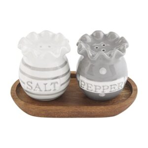 mud pie happy salt and pepper shaker, tray 5.6″ x 3″ | shakers 3.75″ x 3″, gray