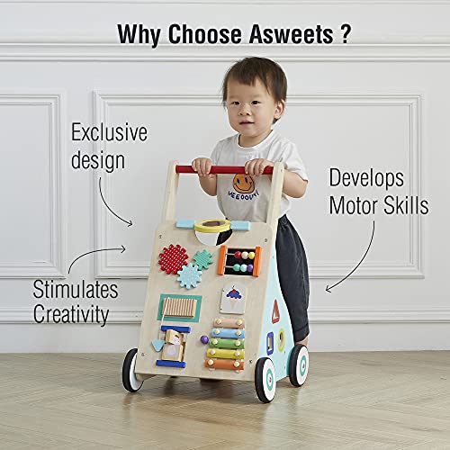 Asweets Wooden Baby Walker Push and Pull Learning Activity Walker for Boys and Girls Sit to Stand Learning Walker Toddler Toy (Color)