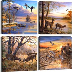 ArtHome520 Yellow Fall Landscape Wild Duck Wall Art Wildlife Canvas Printed Oil Painting Home Decor orange Animal Deer Picture for Living Room Modern Framed 4 Panel (12''x12''x4pcs)