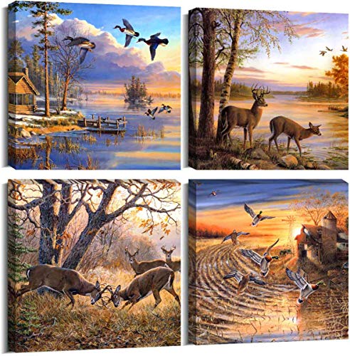 ArtHome520 Yellow Fall Landscape Wild Duck Wall Art Wildlife Canvas Printed Oil Painting Home Decor orange Animal Deer Picture for Living Room Modern Framed 4 Panel (12''x12''x4pcs)