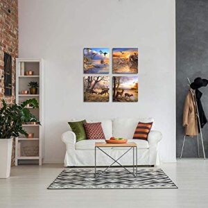 ArtHome520 Yellow Fall Landscape Wild Duck Wall Art Wildlife Canvas Printed Oil Painting Home Decor orange Animal Deer Picture for Living Room Modern Framed 4 Panel (12''x12''x4pcs)