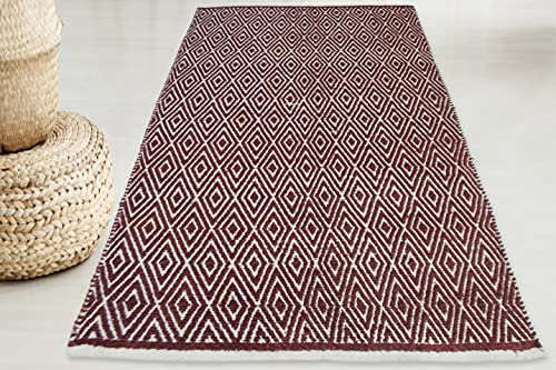 Chardin home 100% Cotton Diamond 3x5 Area Rug Fully Reversible, Machine Washable, Brick Red-Ivory