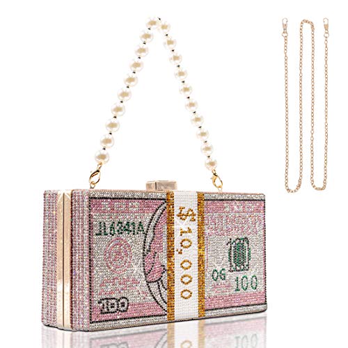 TANOSII Women Stack of Cash Evening Bag Crystal Rhinestone Clutch Money Shoulder Bag Dollar Purse Cuboid Shape Pink