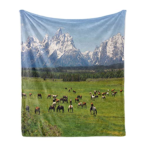 Lunarable Horse Throw Blanket, Grand Teton National Park Snowy Mountains Fresh Greenery Trees Animals, Flannel Fleece Accent Piece Soft Couch Cover for Adults, 70" x 90", Green and Pale Blue