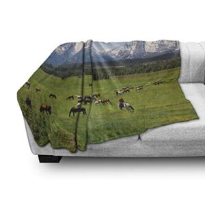 Lunarable Horse Throw Blanket, Grand Teton National Park Snowy Mountains Fresh Greenery Trees Animals, Flannel Fleece Accent Piece Soft Couch Cover for Adults, 70" x 90", Green and Pale Blue