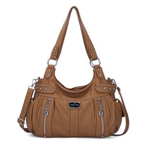 women handbags shoulder bags washed leather satchel tote bag mutipocket purse (ak19244-3#8521#194l.brown1)