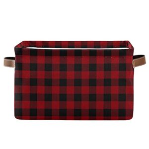 xigua red black buffalo plaid storage basket large toy storage bin sturdy foldable rectangle storage box with leather handles for office home nursery(1 pc)