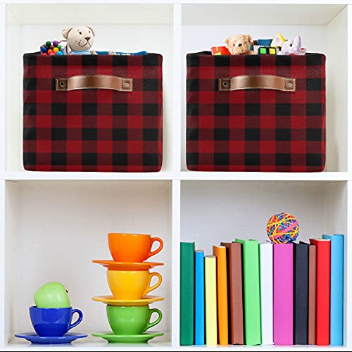 xigua Red Black Buffalo Plaid Storage Basket Large Toy Storage BIn Sturdy Foldable Rectangle Storage Box with Leather Handles for Office Home Nursery(1 PC)