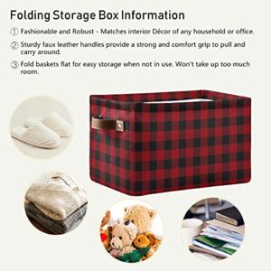 xigua Red Black Buffalo Plaid Storage Basket Large Toy Storage BIn Sturdy Foldable Rectangle Storage Box with Leather Handles for Office Home Nursery(1 PC)