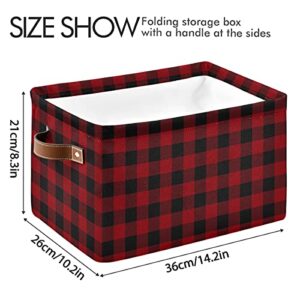 xigua Red Black Buffalo Plaid Storage Basket Large Toy Storage BIn Sturdy Foldable Rectangle Storage Box with Leather Handles for Office Home Nursery(1 PC)