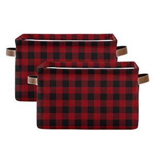 xigua Red Black Buffalo Plaid Storage Basket Large Toy Storage BIn Sturdy Foldable Rectangle Storage Box with Leather Handles for Office Home Nursery(1 PC)