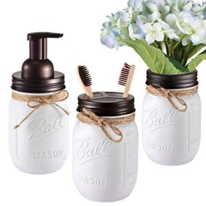 mason jar bathroom set（3 piece）-foaming soap dispenser, toothbrush holder ,flower vase,for wedding house decor countertop and vanity organizer bathroom kitchen farmhouse décor (bronze)