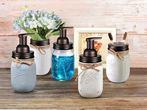 Mason Jar Bathroom Set（3 Piece）-Foaming Soap Dispenser, Toothbrush Holder ,Flower Vase,for Wedding House Decor Countertop and Vanity Organizer Bathroom Kitchen Farmhouse Décor (Bronze)