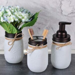 Mason Jar Bathroom Set（3 Piece）-Foaming Soap Dispenser, Toothbrush Holder ,Flower Vase,for Wedding House Decor Countertop and Vanity Organizer Bathroom Kitchen Farmhouse Décor (Bronze)