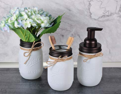 Mason Jar Bathroom Set（3 Piece）-Foaming Soap Dispenser, Toothbrush Holder ,Flower Vase,for Wedding House Decor Countertop and Vanity Organizer Bathroom Kitchen Farmhouse Décor (Bronze)