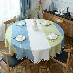 Heavy Weight Cotton Linen Tablecloth, Plaid Tassel Round Table Cover for Kitchen Dining Small Table 24"-40" (2 Seats), Round - 48", Blue Green