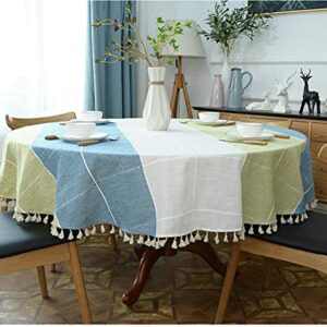 Heavy Weight Cotton Linen Tablecloth, Plaid Tassel Round Table Cover for Kitchen Dining Small Table 24"-40" (2 Seats), Round - 48", Blue Green