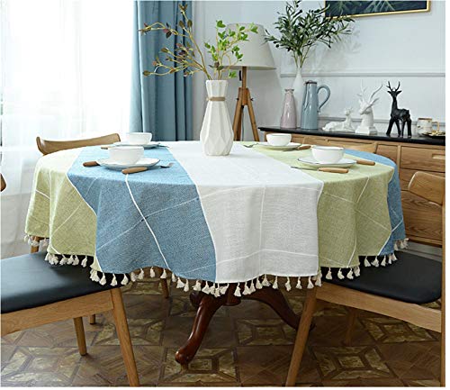 Heavy Weight Cotton Linen Tablecloth, Plaid Tassel Round Table Cover for Kitchen Dining Small Table 24"-40" (2 Seats), Round - 48", Blue Green