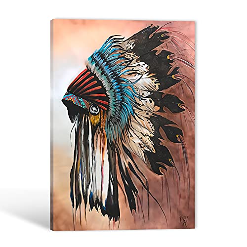 GUTTATY Native American Canvas Wall Art - American Indian Chief Headdress Feathered Art Canvas Prints for Wall Decor, Large Framed Artwork for Living Room Bedroom Ready to Hang (12W x18H)