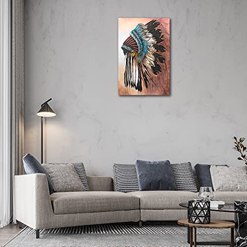 GUTTATY Native American Canvas Wall Art - American Indian Chief Headdress Feathered Art Canvas Prints for Wall Decor, Large Framed Artwork for Living Room Bedroom Ready to Hang (12W x18H)