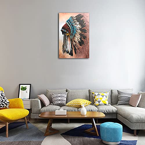 GUTTATY Native American Canvas Wall Art - American Indian Chief Headdress Feathered Art Canvas Prints for Wall Decor, Large Framed Artwork for Living Room Bedroom Ready to Hang (12W x18H)