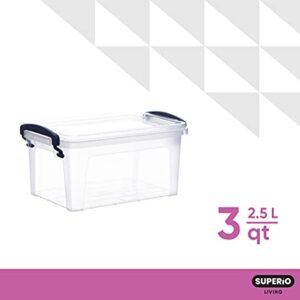 Superio Clear Storage Bins with Lid Stackable Plastic Deep Storage Latch Box with Snap Lock Closure (3 Quart)