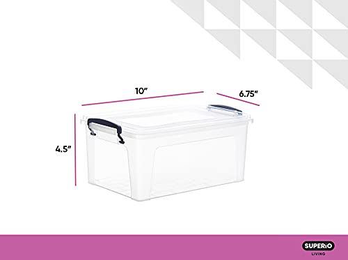 Superio Clear Storage Bins with Lid Stackable Plastic Deep Storage Latch Box with Snap Lock Closure (3 Quart)