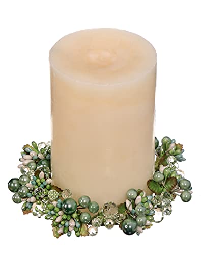 Reg, 6 Inch Spring and Summer Crystal and Pearlized Berry Candle Ring, Holds 3.75 Inch Pillar Candle - Green, Light Blue, Pearlized Sage Green