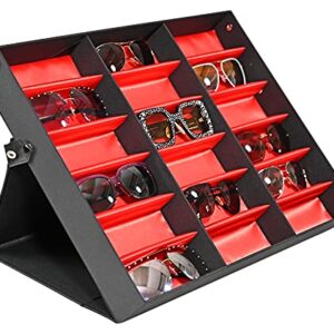 Home-X 18-Slot Standing Glasses Organizer, Glasses Holder, Commercial Sunglasses and Eyewear Display, Collectables Storage Box, Travel Display Case, 18 ¾" L x 15" W x 2 ¼" H, Red