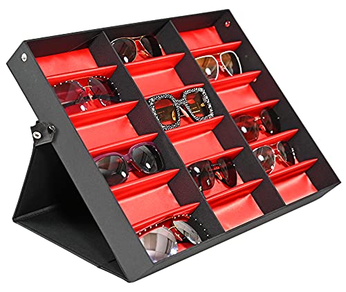 Home-X 18-Slot Standing Glasses Organizer, Glasses Holder, Commercial Sunglasses and Eyewear Display, Collectables Storage Box, Travel Display Case, 18 ¾" L x 15" W x 2 ¼" H, Red