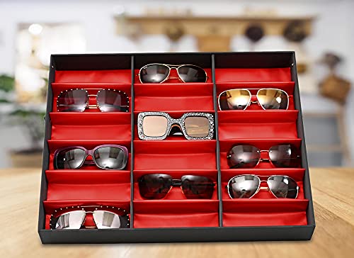 Home-X 18-Slot Standing Glasses Organizer, Glasses Holder, Commercial Sunglasses and Eyewear Display, Collectables Storage Box, Travel Display Case, 18 ¾" L x 15" W x 2 ¼" H, Red