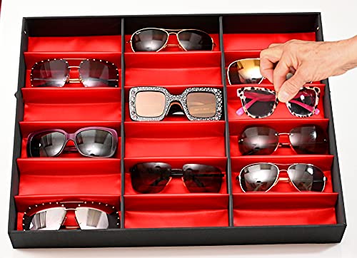 Home-X 18-Slot Standing Glasses Organizer, Glasses Holder, Commercial Sunglasses and Eyewear Display, Collectables Storage Box, Travel Display Case, 18 ¾" L x 15" W x 2 ¼" H, Red