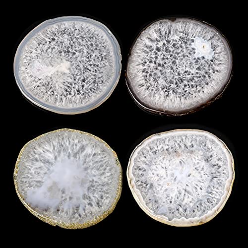 FOLKOR LIFE Natural Agate Coaster Set of 4, 3.5-4" Crystalline Geode Stone Coasters for Drinks Coffee Table Decor Agate Slices Glass Cups Holder for Home Guest Room Housewarming Birthday Gift