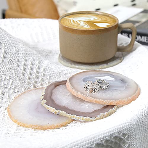 FOLKOR LIFE Natural Agate Coaster Set of 4, 3.5-4" Crystalline Geode Stone Coasters for Drinks Coffee Table Decor Agate Slices Glass Cups Holder for Home Guest Room Housewarming Birthday Gift