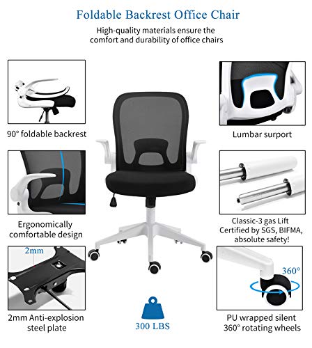 IPKIG Foldable Office Chair - Home Office Desk Chairs with Wheels and Flip-Up Arms - Foldable Backrest Mesh Computer Chair Adjustable Swivel Rolling Home Executive (White)