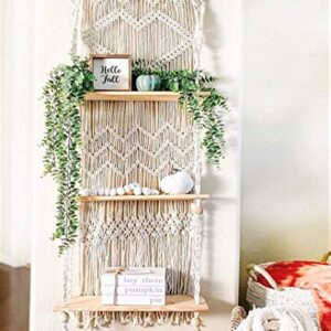 SnugLife Macrame Wall Hanging Shelf - 3 Tier Wall Shelves with Handmade Woven Rope - Boho Shelves Organizer Hanger for Kitchen, Bathroom, Home Storage, Floating Indoor Plant Wall Shelf (Pine Wood)