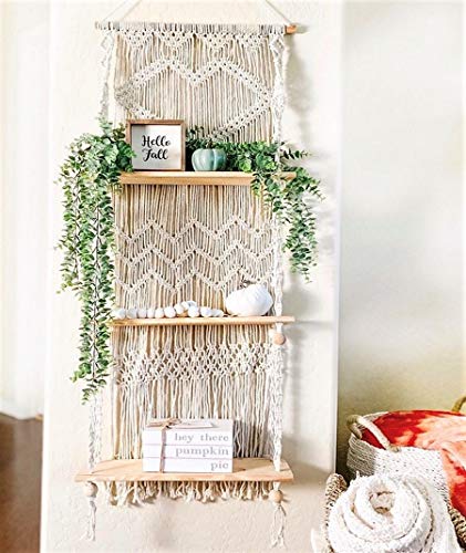 SnugLife Macrame Wall Hanging Shelf - 3 Tier Wall Shelves with Handmade Woven Rope - Boho Shelves Organizer Hanger for Kitchen, Bathroom, Home Storage, Floating Indoor Plant Wall Shelf (Pine Wood)