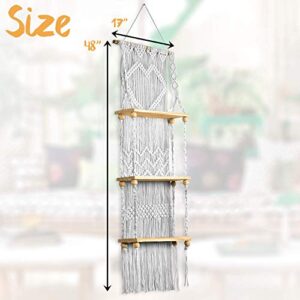 SnugLife Macrame Wall Hanging Shelf - 3 Tier Wall Shelves with Handmade Woven Rope - Boho Shelves Organizer Hanger for Kitchen, Bathroom, Home Storage, Floating Indoor Plant Wall Shelf (Pine Wood)