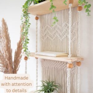 SnugLife Macrame Wall Hanging Shelf - 3 Tier Wall Shelves with Handmade Woven Rope - Boho Shelves Organizer Hanger for Kitchen, Bathroom, Home Storage, Floating Indoor Plant Wall Shelf (Pine Wood)