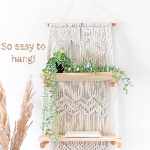 SnugLife Macrame Wall Hanging Shelf - 3 Tier Wall Shelves with Handmade Woven Rope - Boho Shelves Organizer Hanger for Kitchen, Bathroom, Home Storage, Floating Indoor Plant Wall Shelf (Pine Wood)