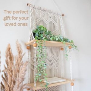 SnugLife Macrame Wall Hanging Shelf - 3 Tier Wall Shelves with Handmade Woven Rope - Boho Shelves Organizer Hanger for Kitchen, Bathroom, Home Storage, Floating Indoor Plant Wall Shelf (Pine Wood)