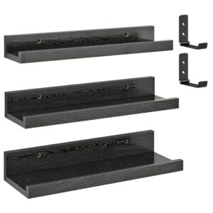 16 inch black floating shelves – set of 3 photo ledge wall mounted shelves with invisible brackets – floating shelves black for bedroom, living room, bathroom, kitchen, office – 3 different sizes