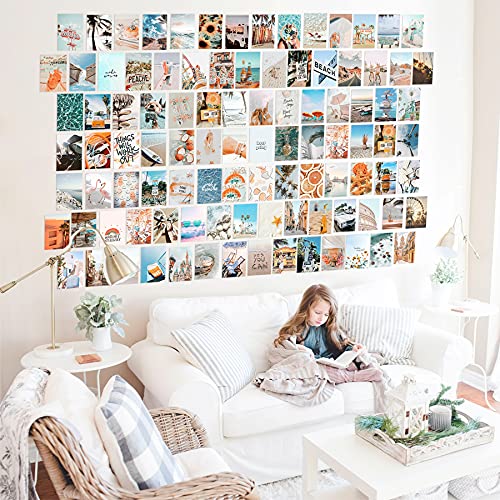 KOSKIMER 100PCS Beach Wall Collage Kit Aesthetic Pictures, 100 Set 4x6 Inch, Preppy Room Decor Aesthetic, Wall Decor for Bedroom Teen Girl, Cute VSCO Room Decor Posters, Photo Collage Kit for Dorm